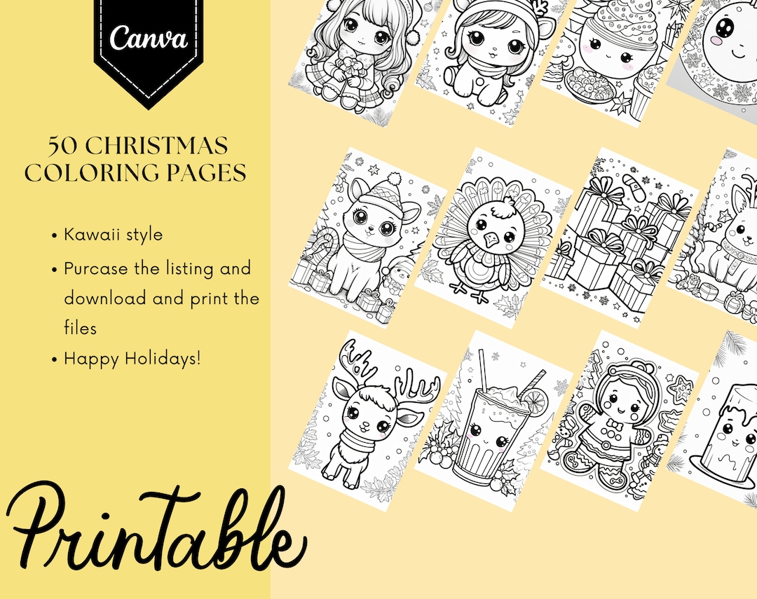 50 Christmas Kawaii Coloring Page Bundle Printable - Etsy