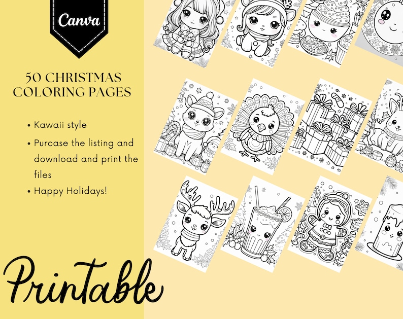 50 Christmas Kawaii Coloring Page Bundle Printable - Etsy