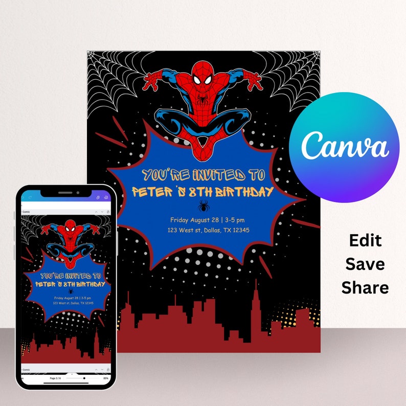 Spiderman Invitation Editable Invitation Card & Flyer Kids Birthday ...