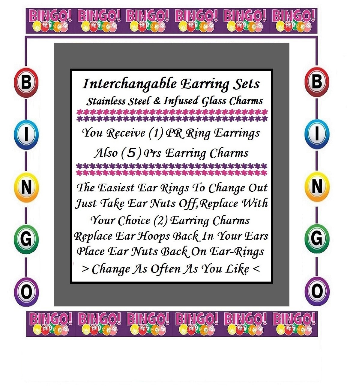 Bingo Earrings (5) PRS in (1) Set Bingo Charm Earrings Stocking Stuffer ...