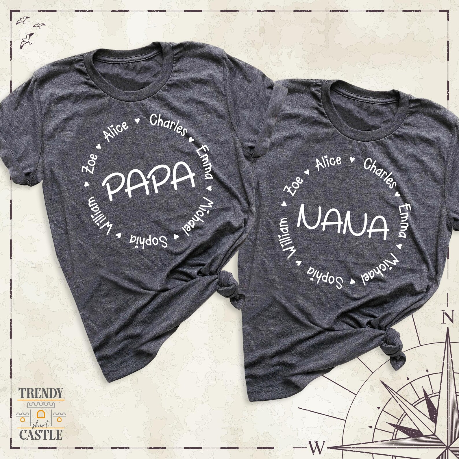 Papa Nana Matching Shirt, With Kids Name Tee, Grandparents Shirt ...
