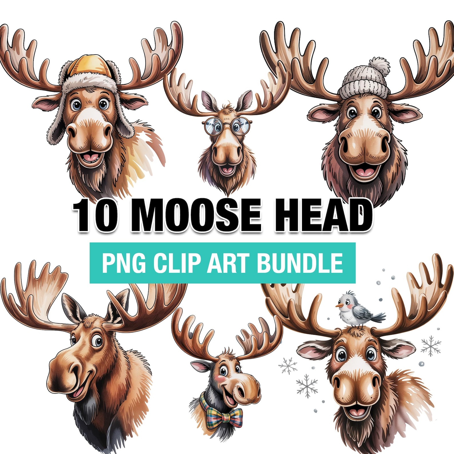 Cartoon Moose Head Clipart PNG Bundle: Transparent Background Digital ...