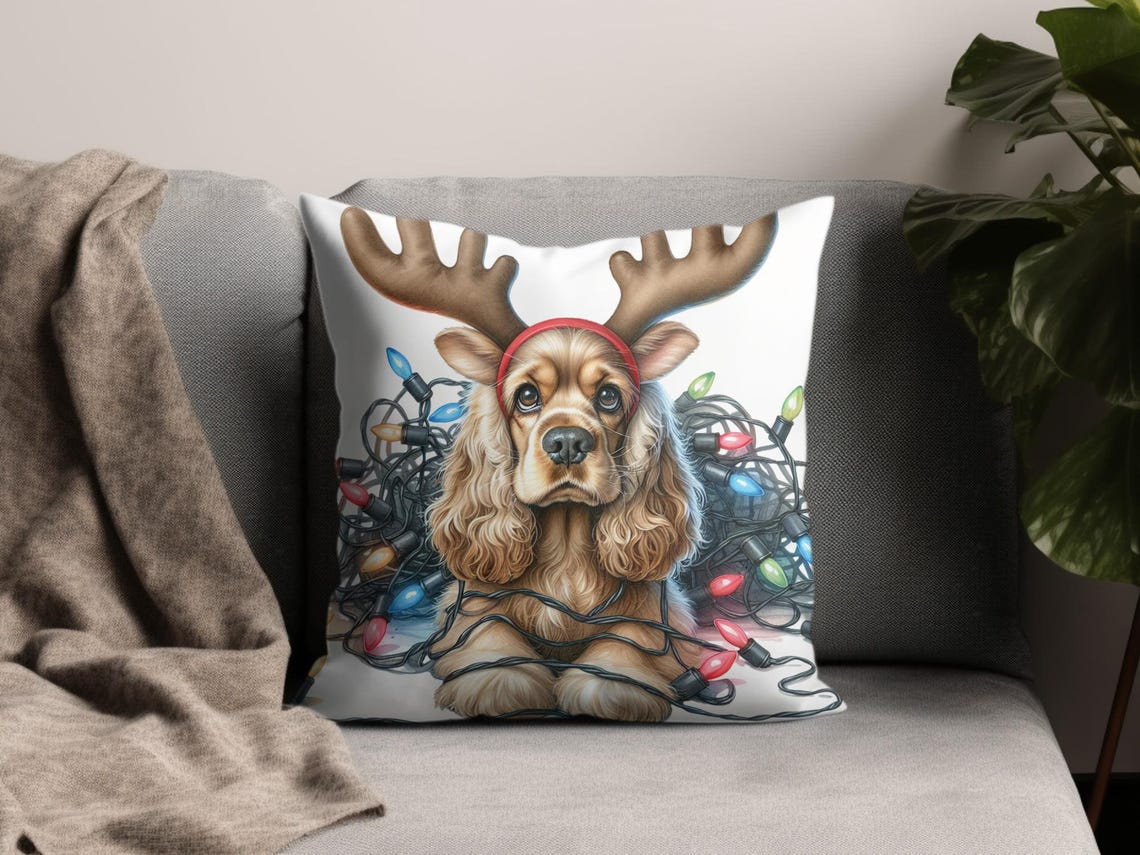 Cocker Spaniel Christmas PNG, Dog With Lights, Festive Digital Art ...
