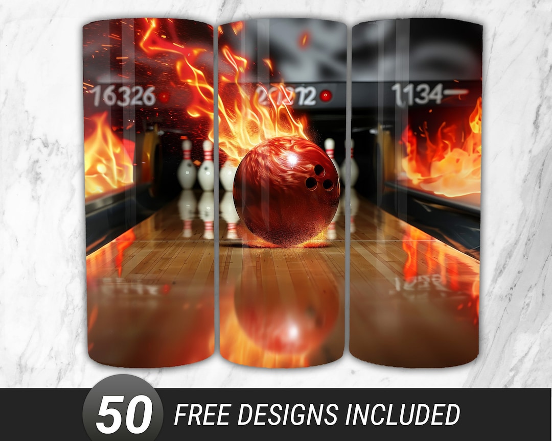 Bowling Tumbler Wrap: Flaming Ball & Pins Sublimation Design (digital ...