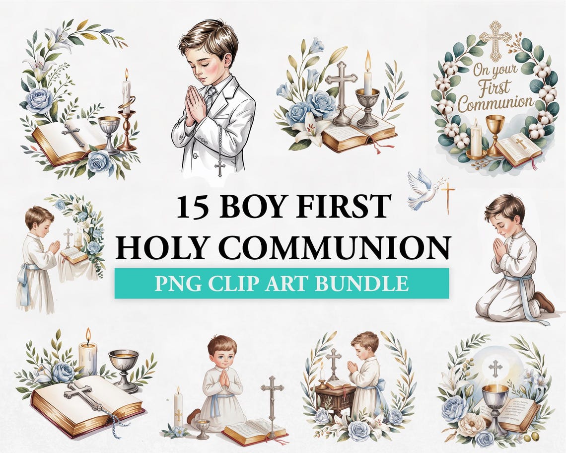 Boy First Holy Communion Clipart: Religious PNG Bundle (digital ...