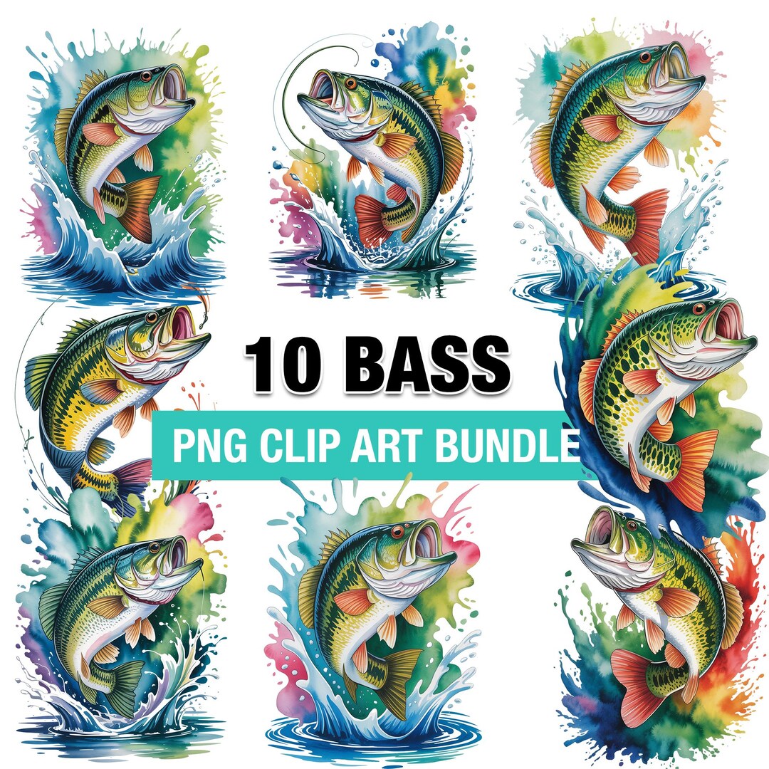 Watercolor Jumping Bass PNG Bundle: Fishing Clipart for Sublimation ...