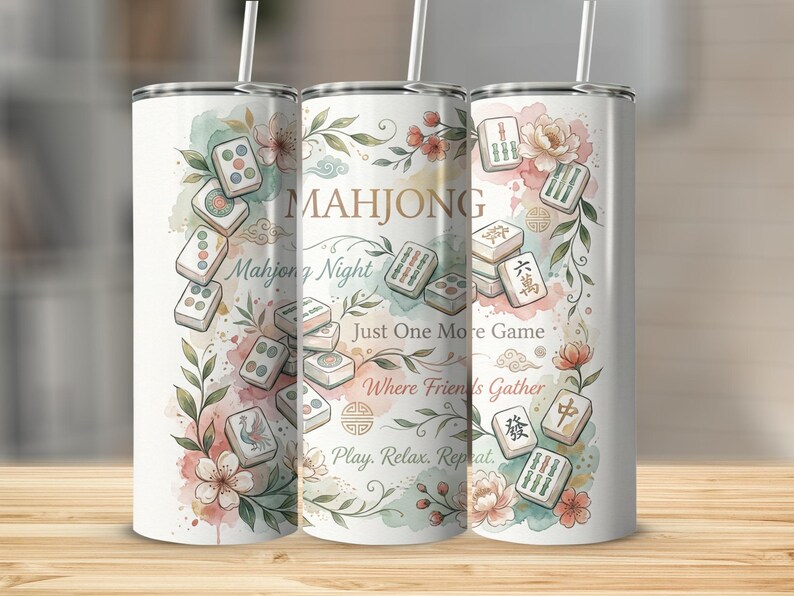 Mahjong Tumbler Wrap, Watercolor Floral, Game Night Design, Printable ...
