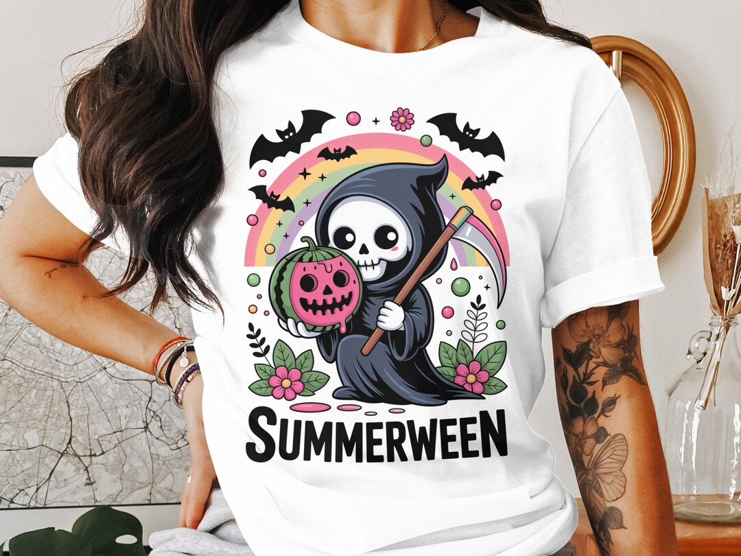 Summerween T-shirt Design PNG, Kawaii Grim Reaper, Halloween in Summer ...