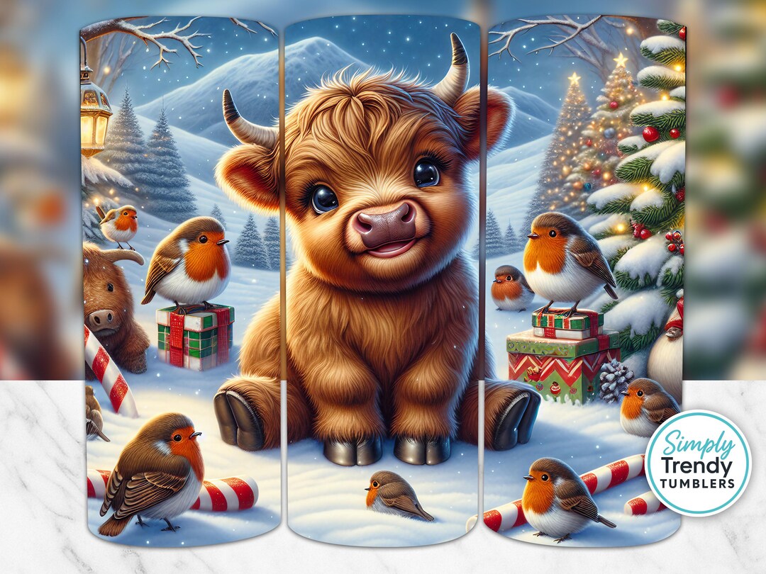 Christmas Highland Cow Tumbler PNG, Robin Birds, Holiday Design ...