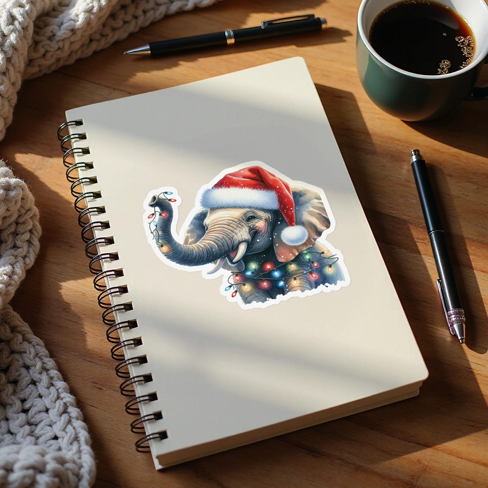 Watercolor Christmas Elephant PNG, Santa Hat, Holiday Lights (digital ...