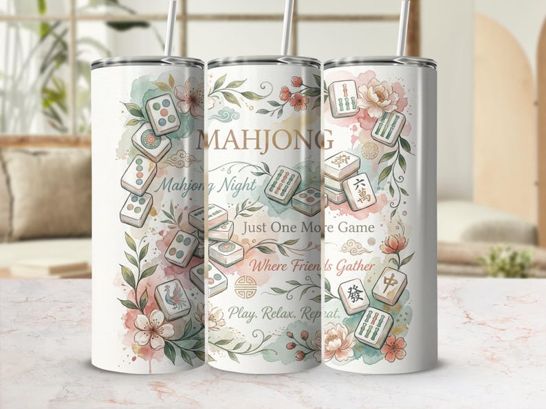 Mahjong Tumbler Wrap, Watercolor Floral, Game Night Design, Printable ...