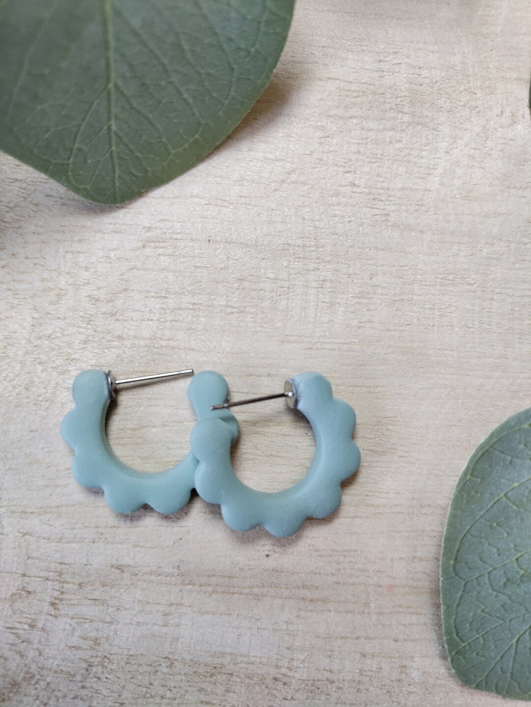 Sage Green Polymer Clay Scalloped Huggie Earrings, Sea Foam Color, Boho Earrings, Unique ...