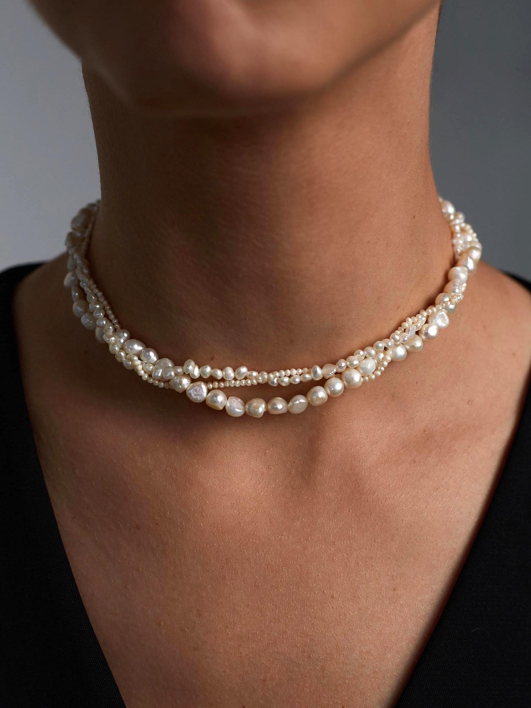 Triple Strand Pearl Choker Necklace, Bridal Pearl Jewelry, Elegant ...