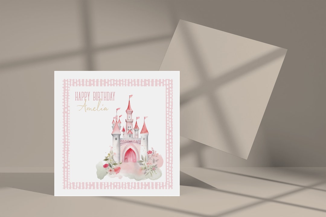 Pink Princess Castle Birthday Card Personalised Greetings Card Birthday ...