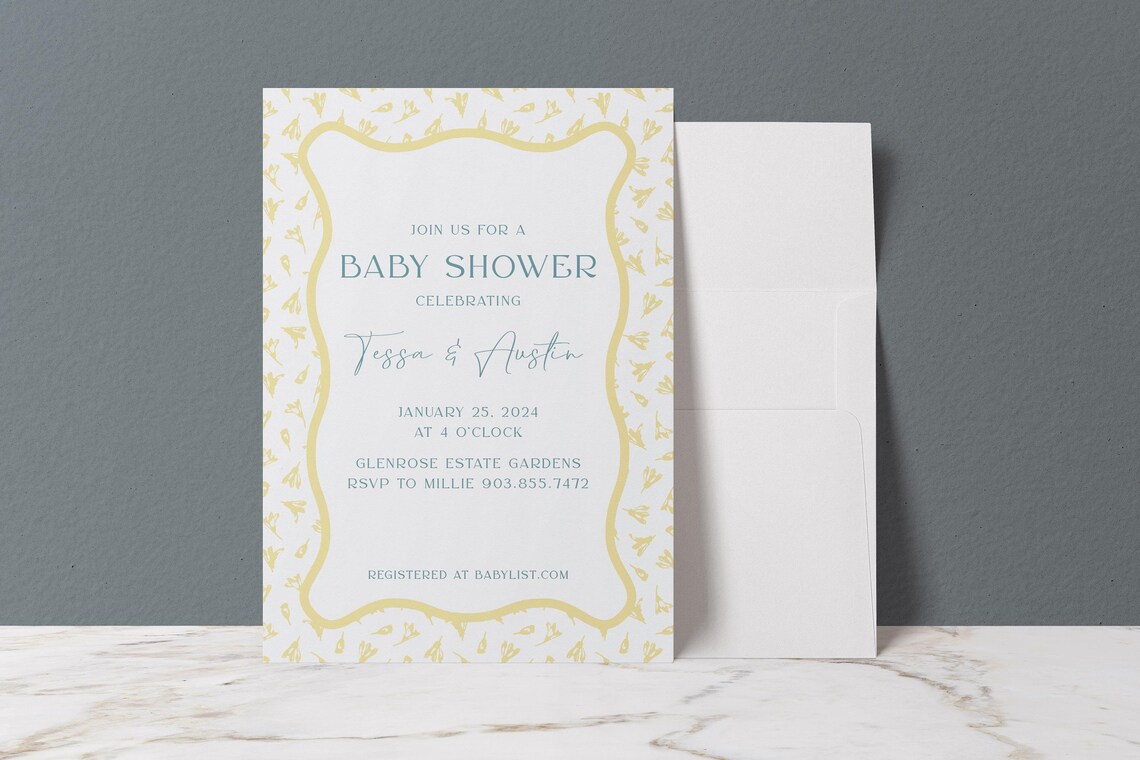 Garden Baby Shower Invitation, Yellow Floral Border, Editable 5x7 Girl ...