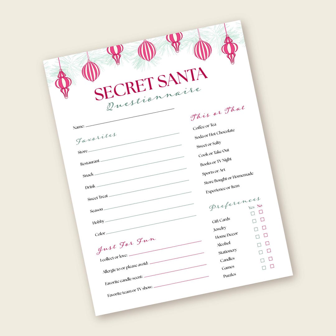 Christmas Secret Santa Form - Digital Download - Etsy
