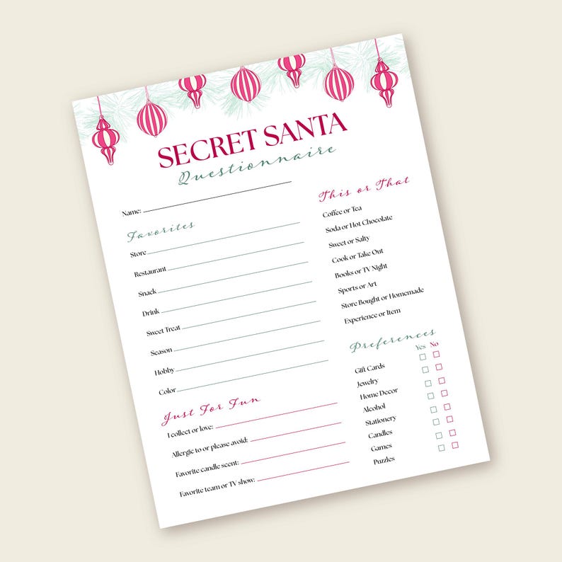 Christmas Secret Santa Form - Digital Download - Etsy