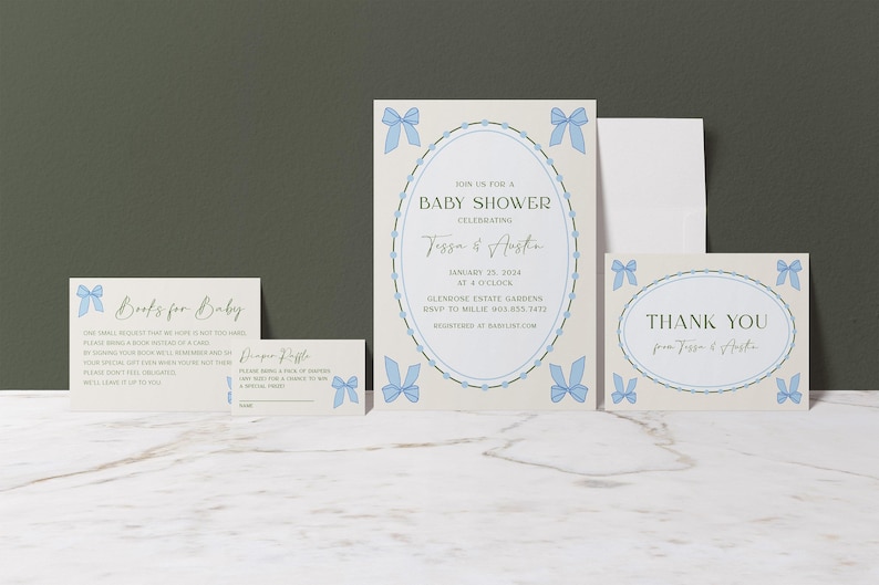 Blue Baby Invite Set, Boy Shower Stationery, Editable Cards, Polka Dots ...