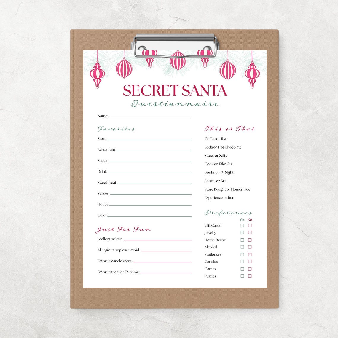 Christmas Secret Santa Form - Digital Download - Etsy