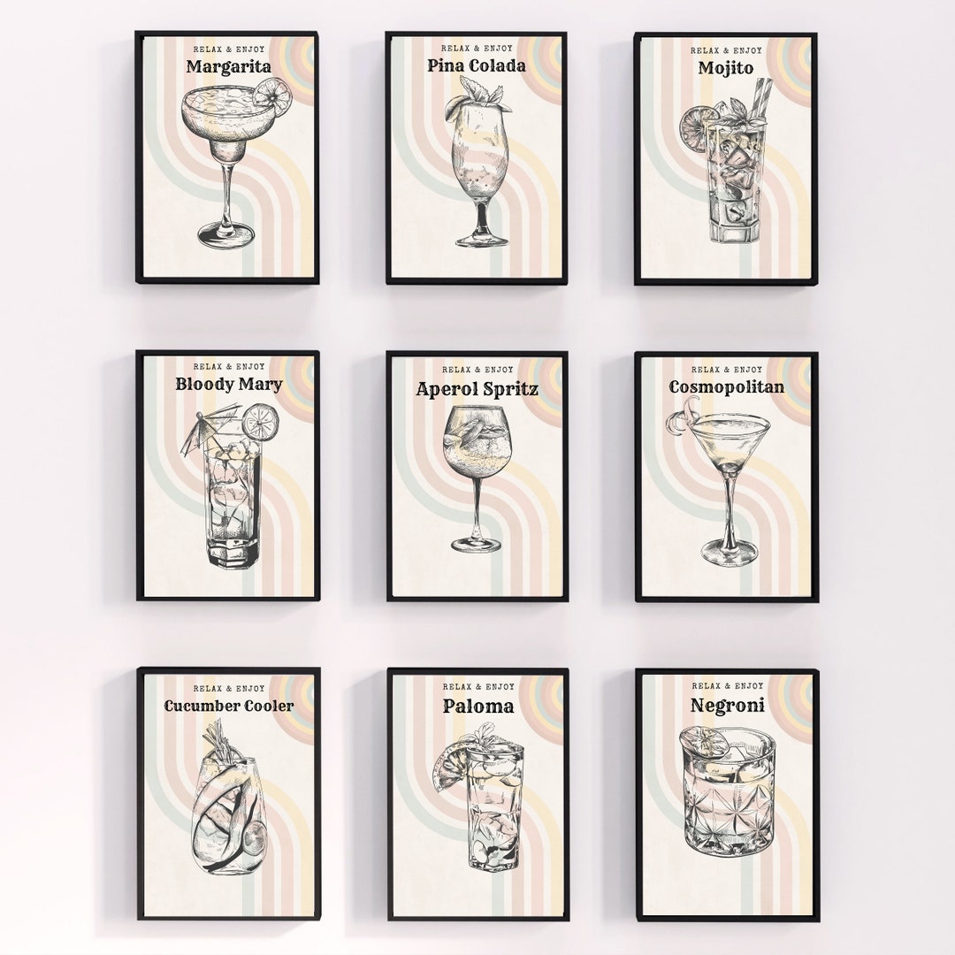 Set of 9 Cocktail Prints, Bar Cart Wall Art, Bar Decor for Home Bar ...