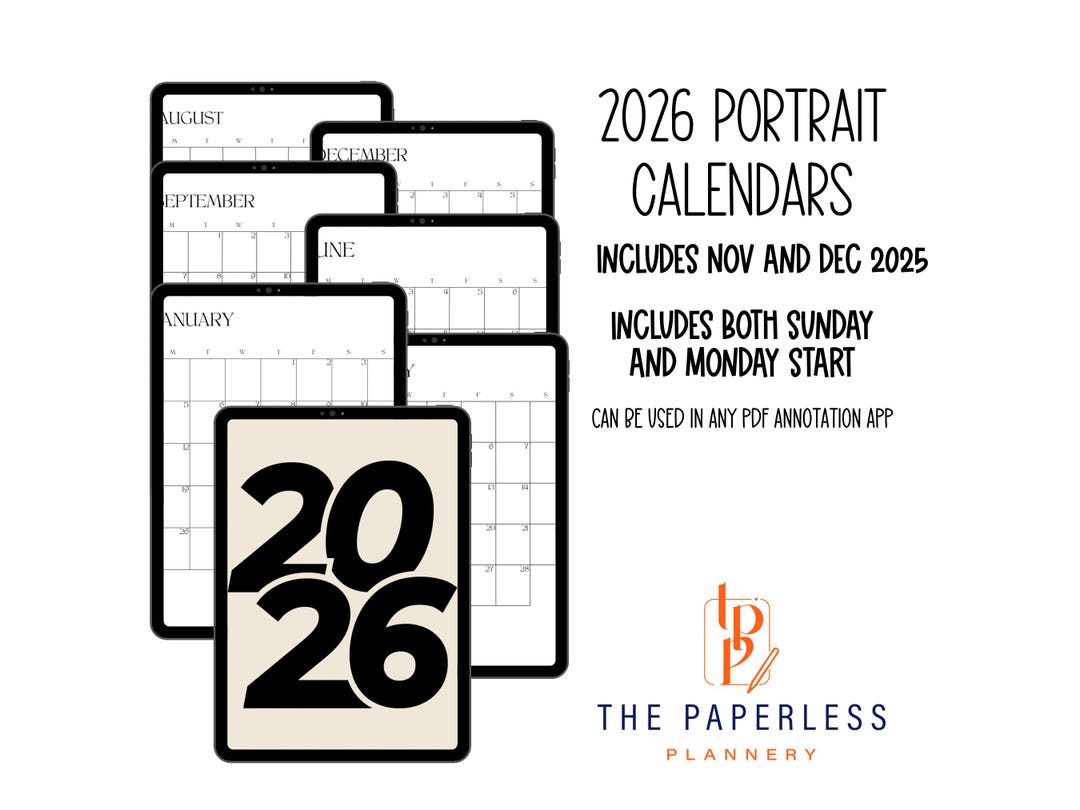 2026 Portrait Monthly Digital Calendars - Etsy
