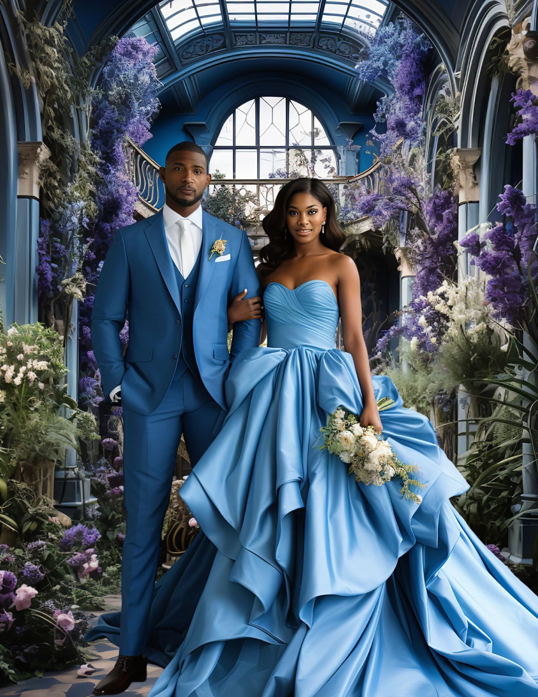 Stunningly Bright Blue Customizable Atrium Floral Backdrop Digital ...