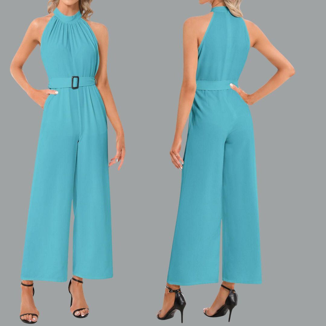 Elegant Turquoise Jumpsuit for Women Halter Neck With Belted Waist Wide ...