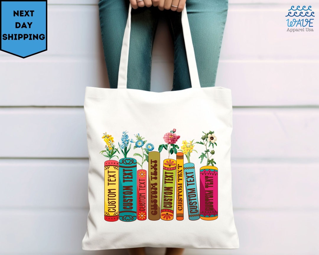 Personalised Birth Flower Tote Bags, Custom Books Titles Printed Floral ...
