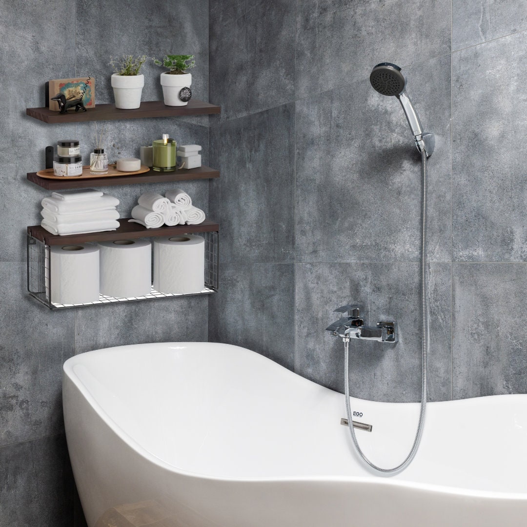 Set of 3 Wooden Floating Storage Rack Wall-mounted Bathroom Partition ...