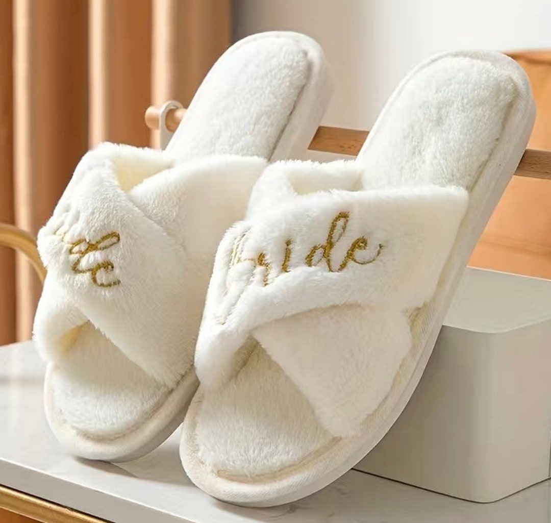 White Bride Slippers With Gold Lettering, Fluffy Slippers, Comfortable ...