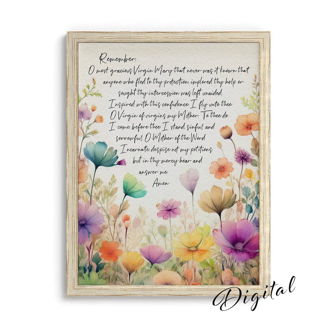Virgin Mary Memorare Prayer, Watercolor Floral Catholic Print (digital ...