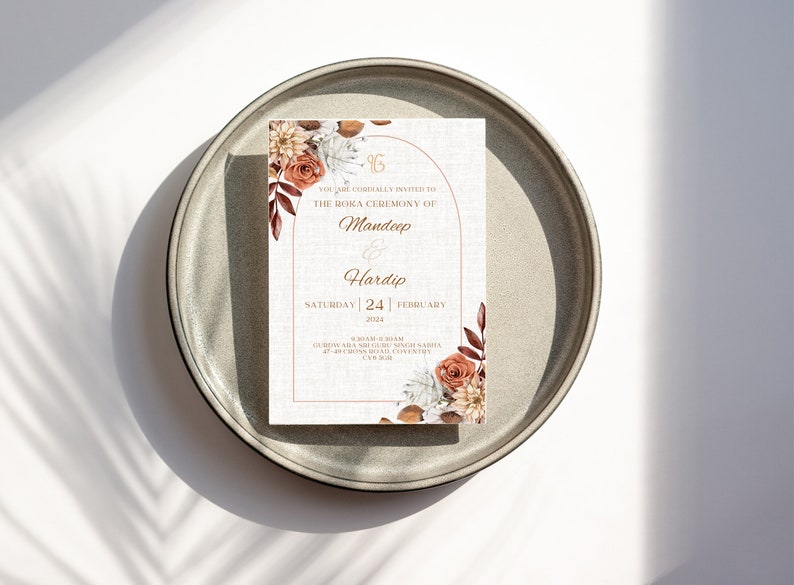 Digital Roka Chunni Takhar Ceremony Invite, Modern Floral Autumn Theme, Canva Editable, Sikh ...