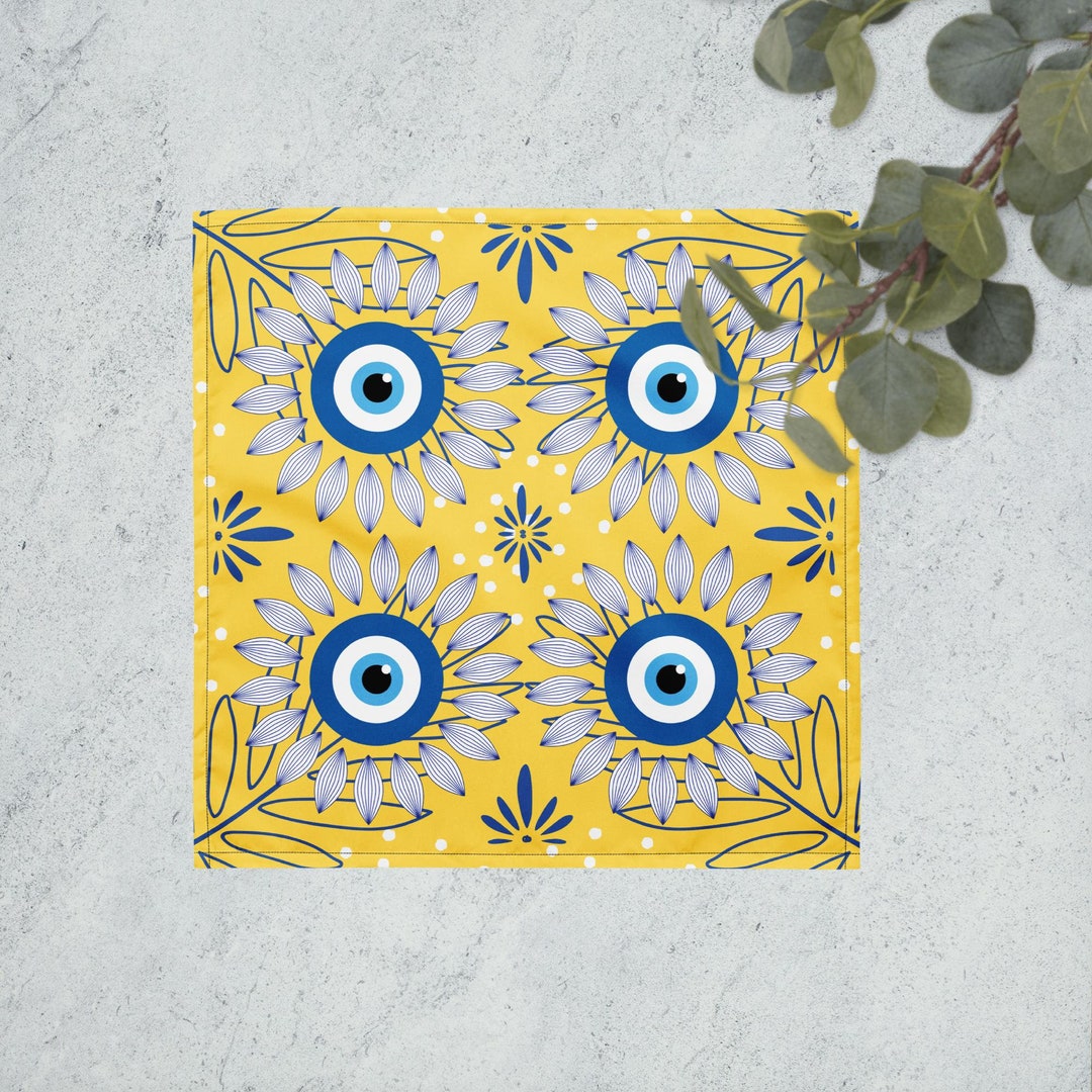 Evil Eye Bandana Jewitch Style, Yellow and Blue Kerchief, Modest Hair ...