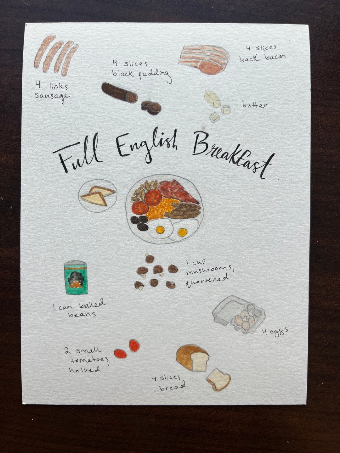 Hand-painted Recipe Card - Full English Breakfast - Etsy