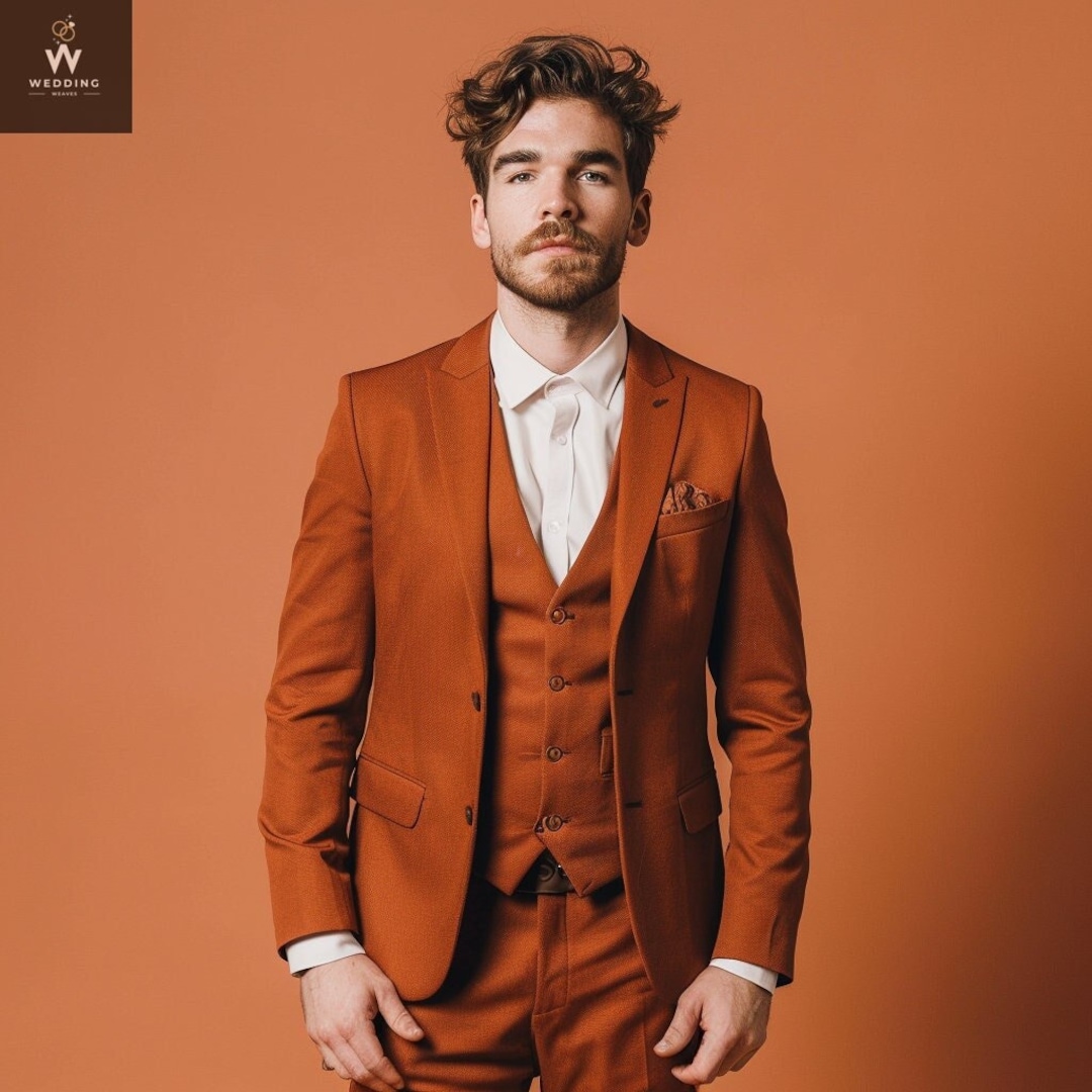 Men Three Piece Rust Colored Suit, Custom Made Wedding Suits, Bespoke ...