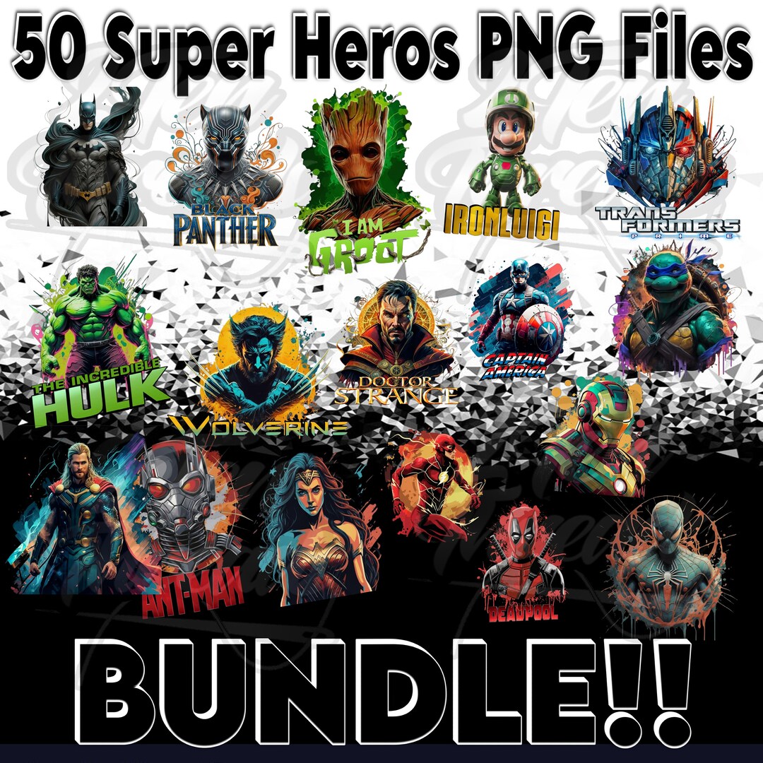 50 Super Heroes Bundle PNG Files, DTF to Print - Etsy