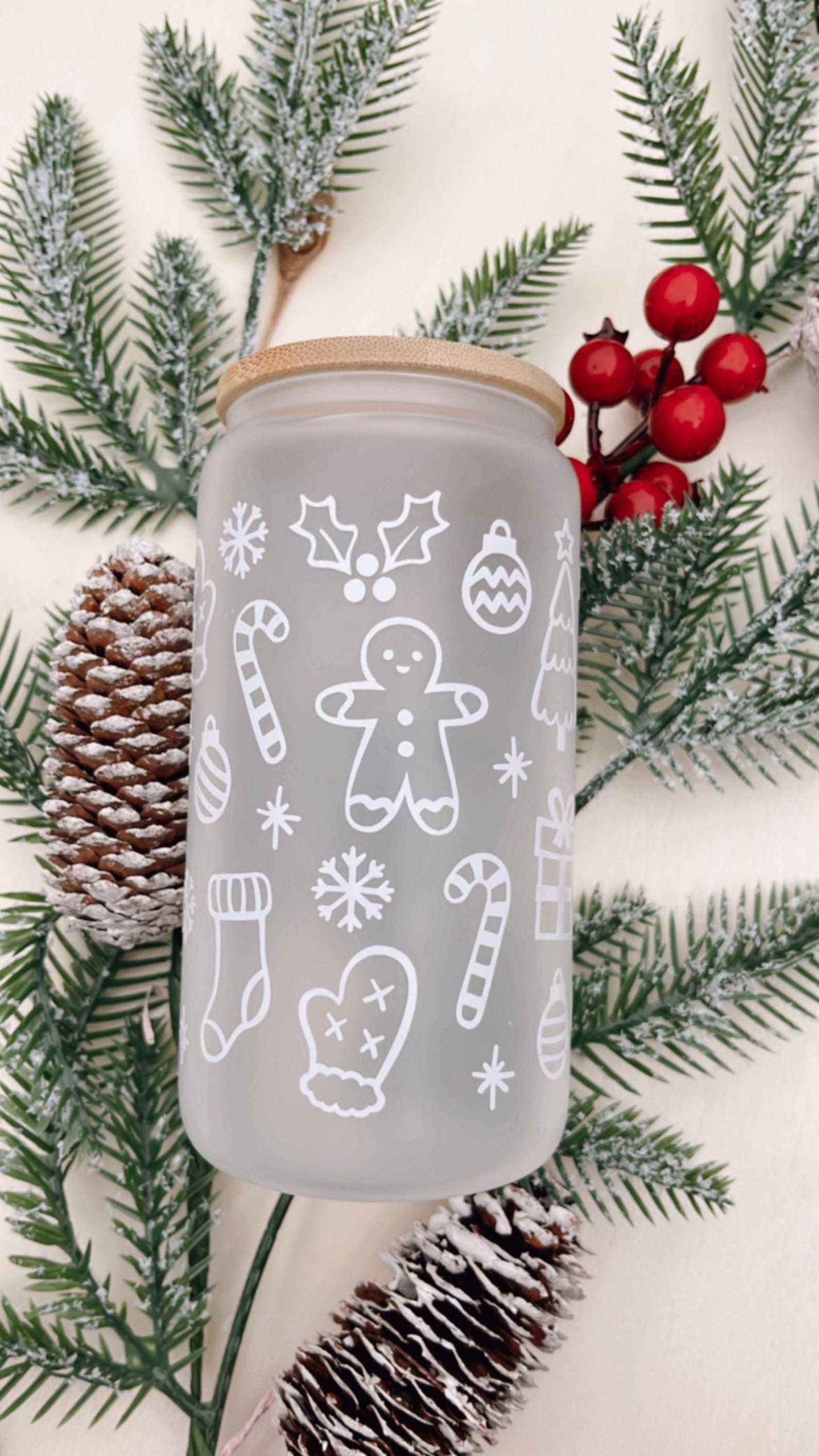 Christmas Doodles Inspired Glass Cup Frosted Christmas Themed Glass Can ...