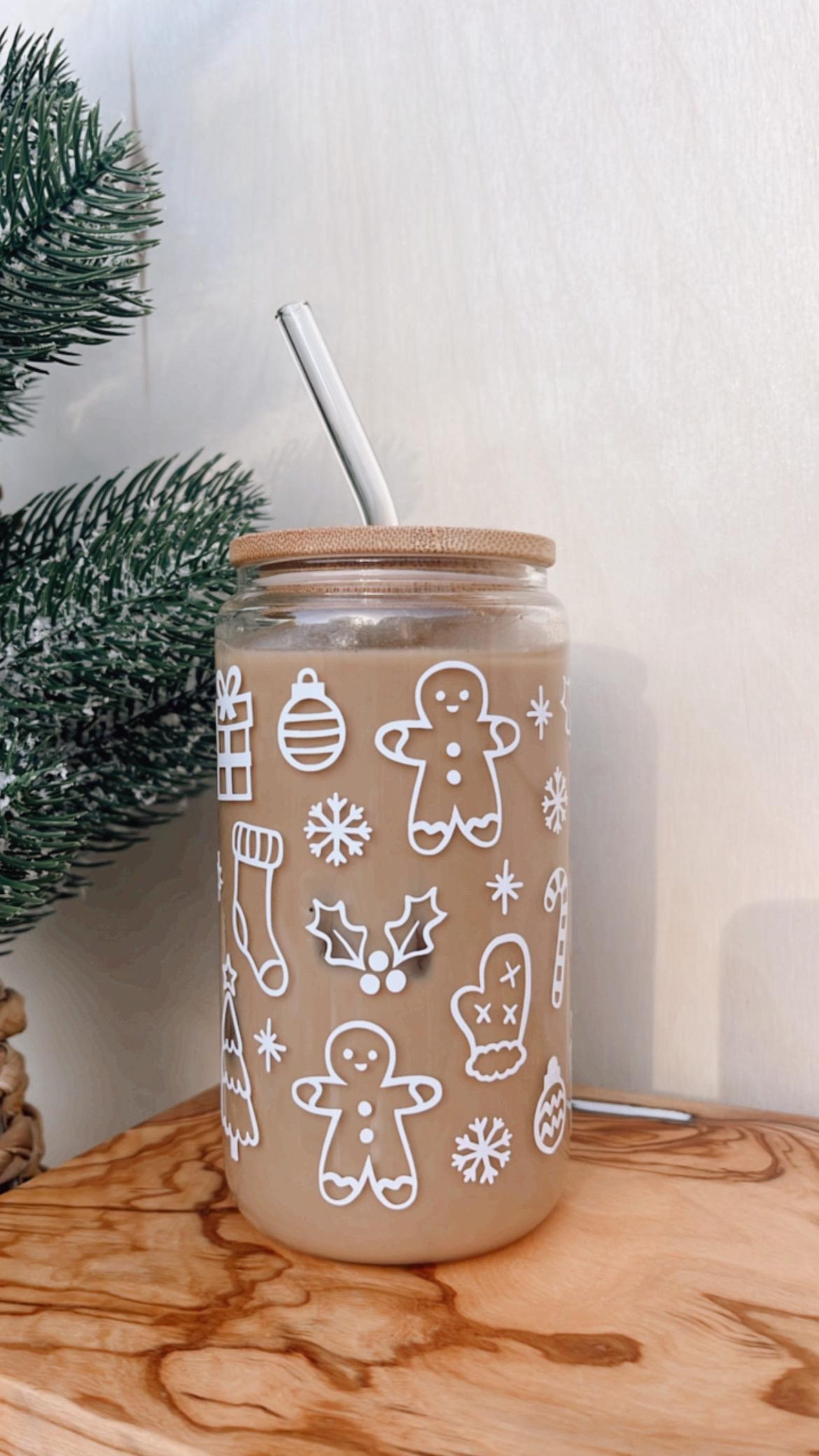 Christmas Doodles Inspired Glass Cup Frosted Christmas Themed Glass Can ...