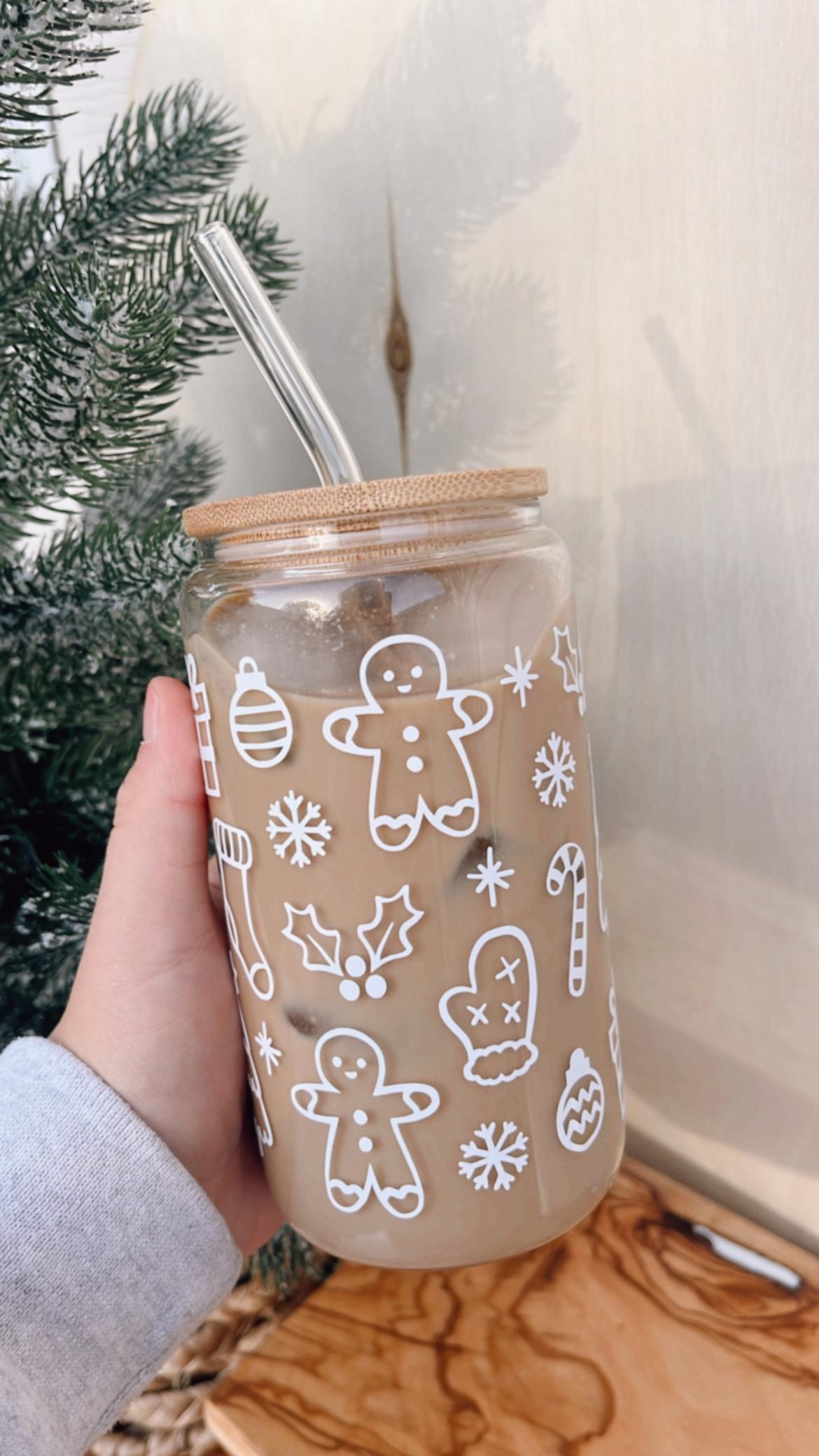 Christmas Doodles Inspired Glass Cup Frosted Christmas Themed Glass Can ...