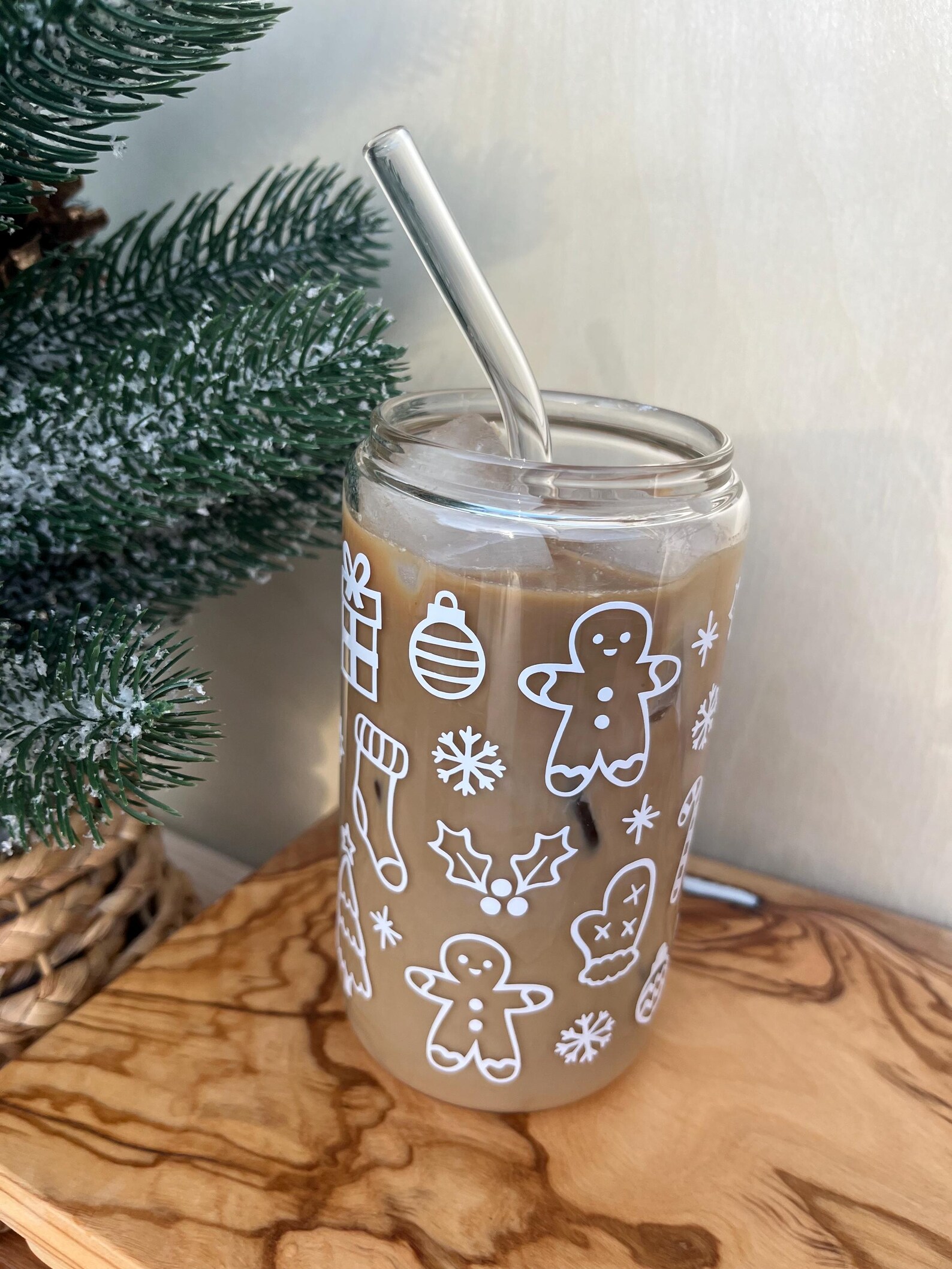 Christmas Doodles Inspired Glass Cup Frosted Christmas Themed Glass Can ...