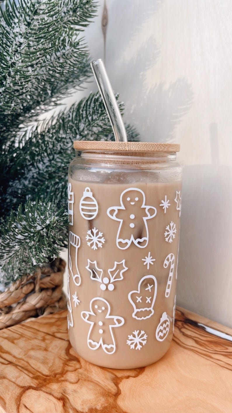Christmas Doodles Inspired Glass Cup Frosted Christmas Themed Glass Can ...