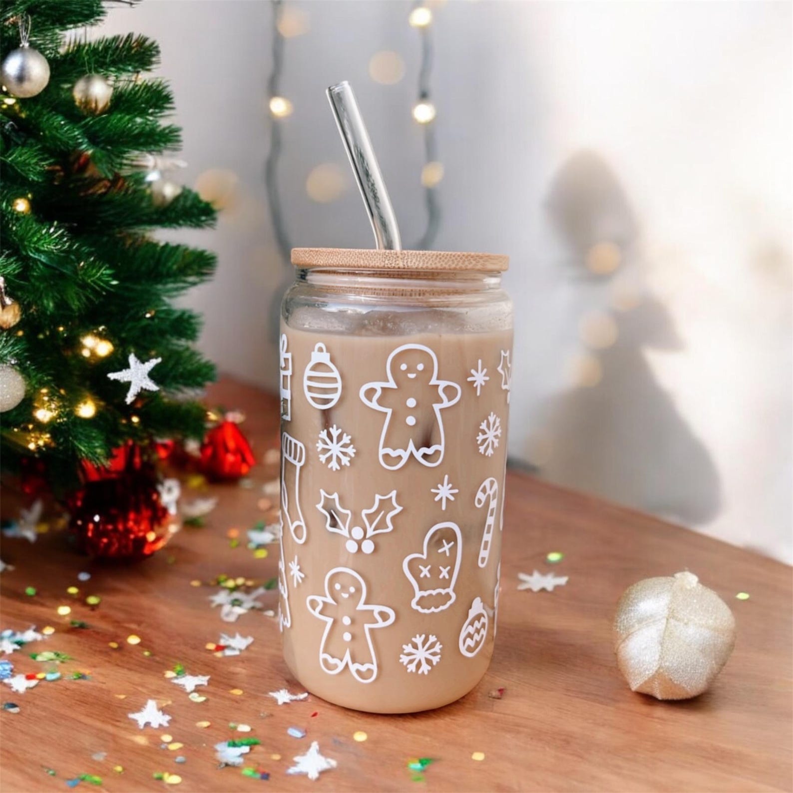 Christmas Doodles Inspired Glass Cup Frosted Christmas Themed Glass Can ...