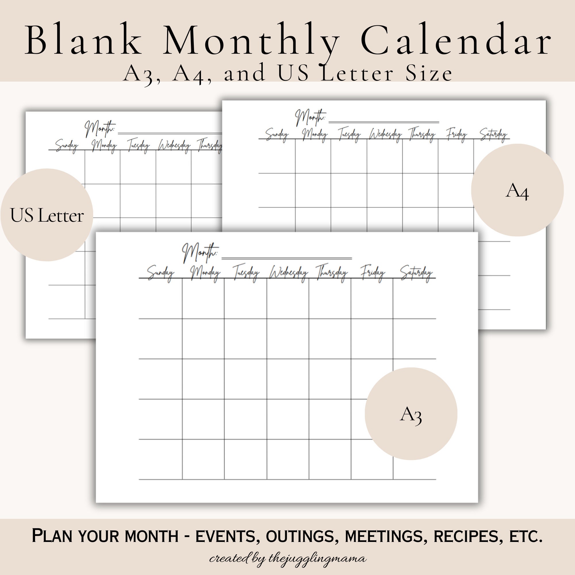 Printable Blank Monthly Calendar Landscape Template Monthly - Etsy