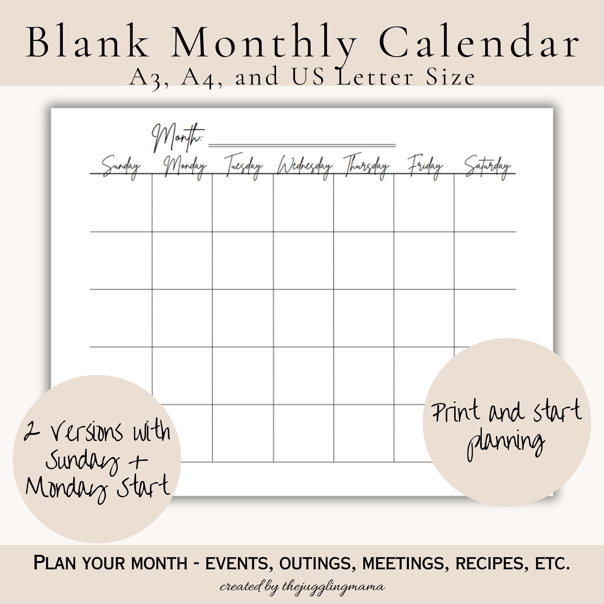 Printable Blank Monthly Calendar Landscape Template Monthly - Etsy