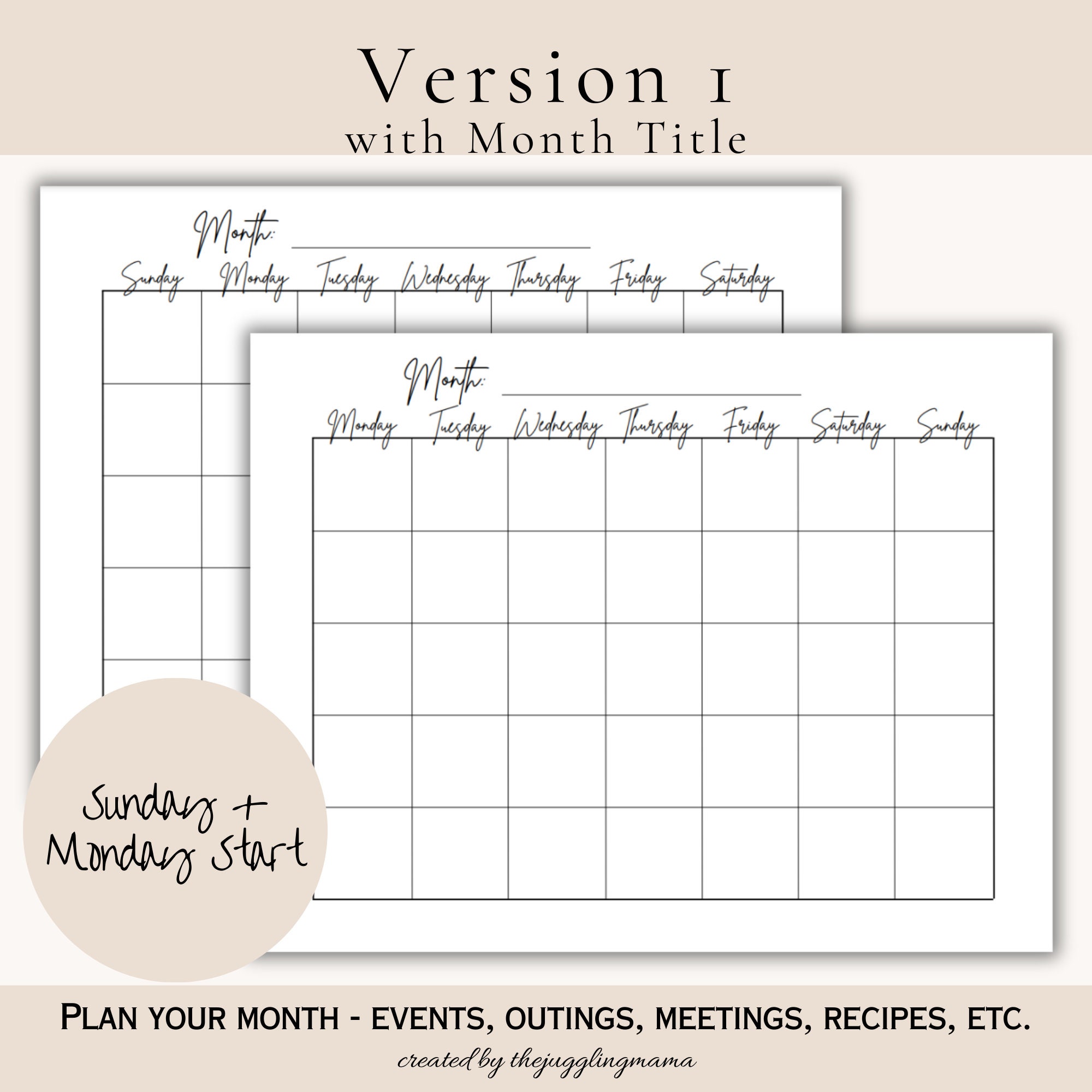 Printable Blank Monthly Calendar Landscape Template Monthly - Etsy