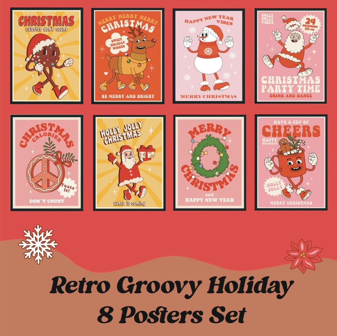 Vintage Groovy Holiday Posters Printable Pink Christmas - Etsy