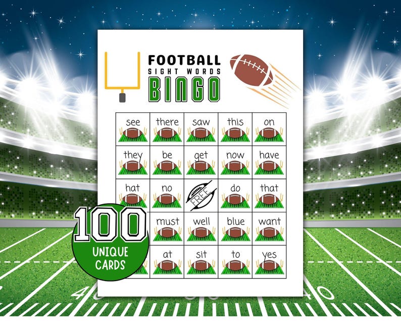 Football Sight Word Bingo Game Bundle, Bingo Cards the Big Game Day Party, Kids Activity, Senior ...