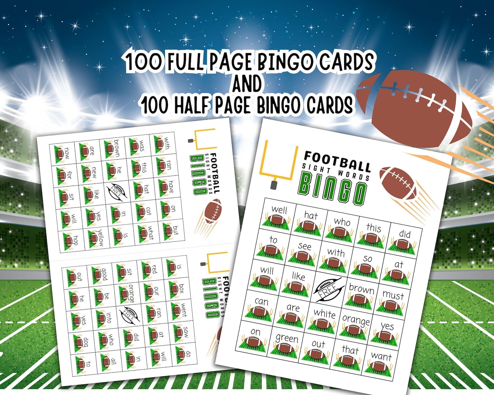 Football Sight Word Bingo Game Bundle, Bingo Cards the Big Game Day ...