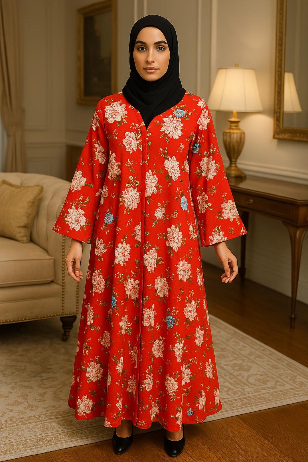 Red Floral Abaya Dress: Boho Muslim Gown, 52-inch Length - Etsy
