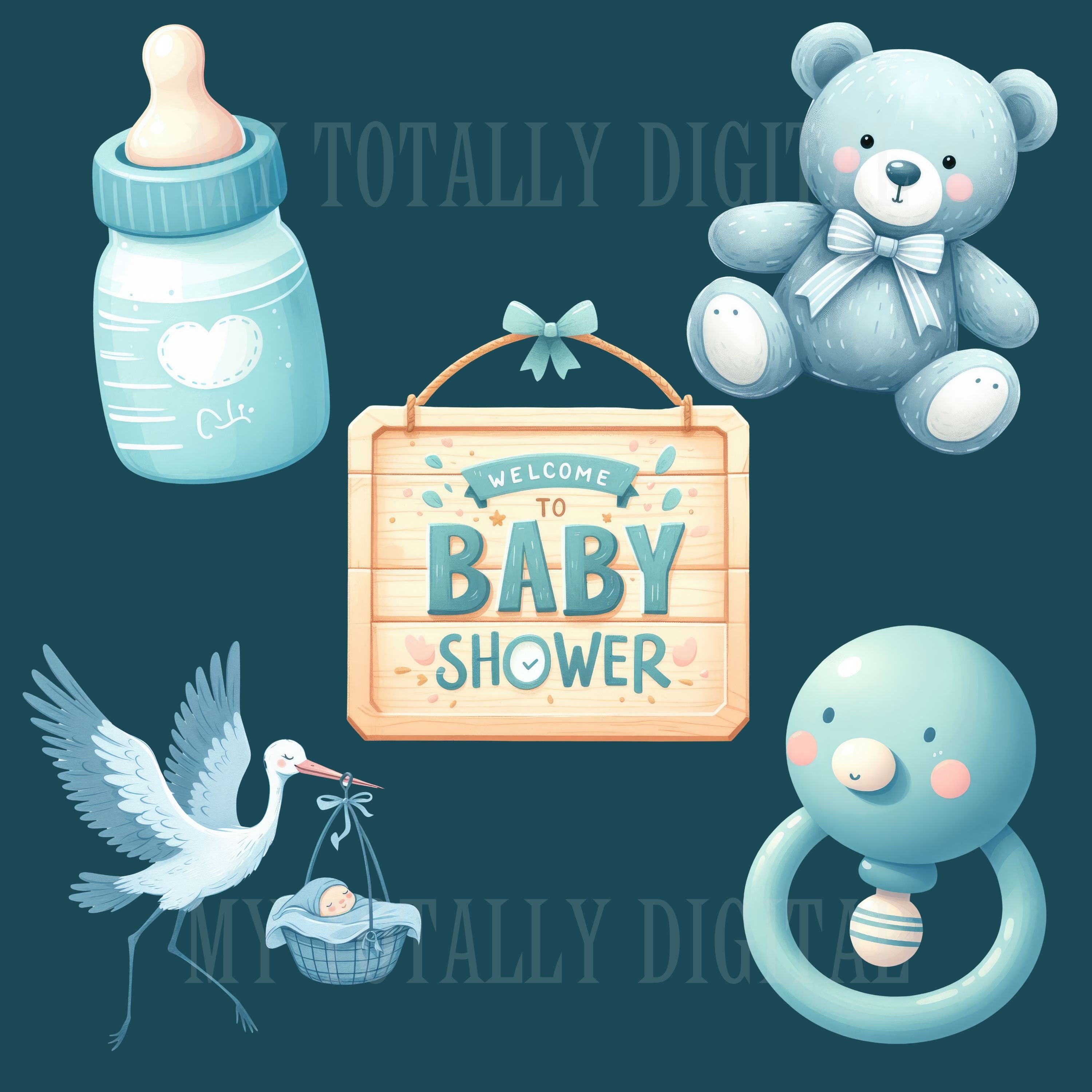 31 Watercolor Blue Baby Shower Clipart PNG Sublimation Bundle PNG ...